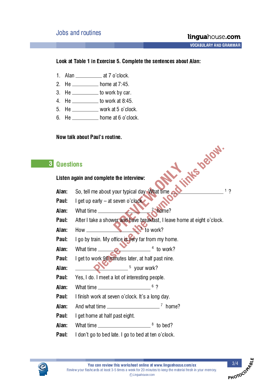 Jobs and routines: Worksheet Preview - Linguahouse.com