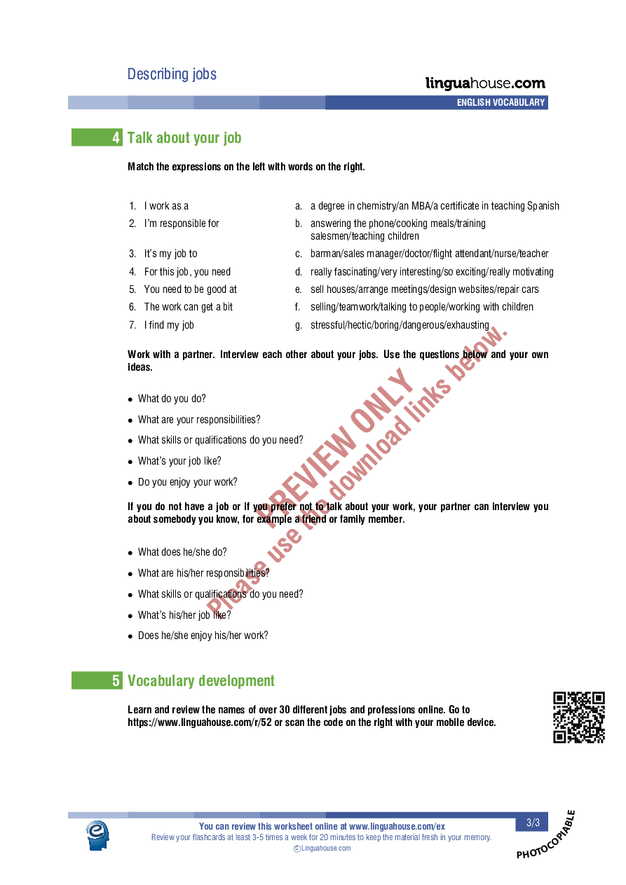 Describing jobs: Worksheet Preview - Linguahouse.com