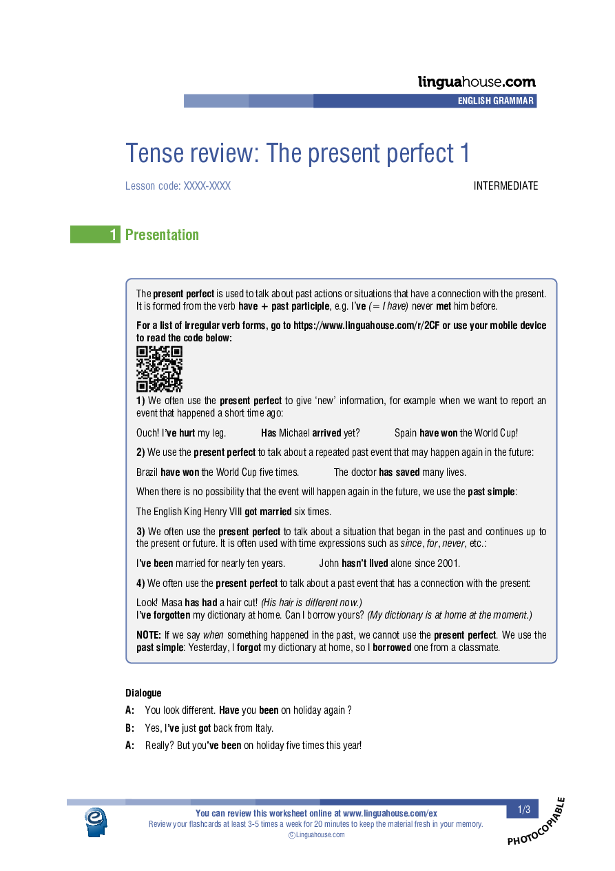 Present perfect 1: Worksheet Preview - Linguahouse.com
