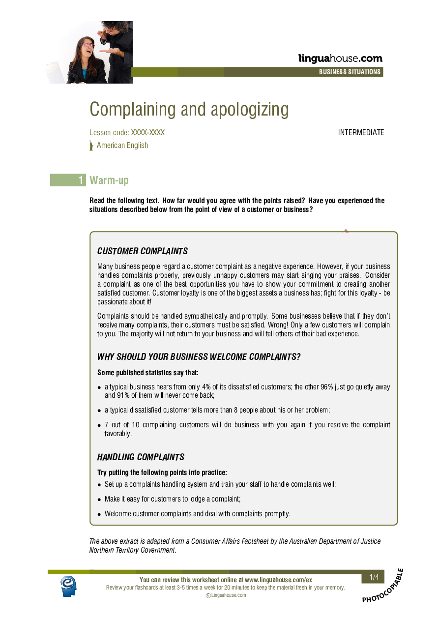 Complaining and apologizing - American English - Intermediate (B1-B2) - group: Worksheet Preview ...