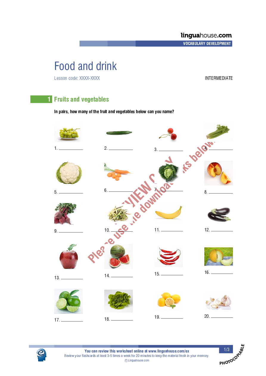 Food and drink: Worksheet Preview - Linguahouse.com