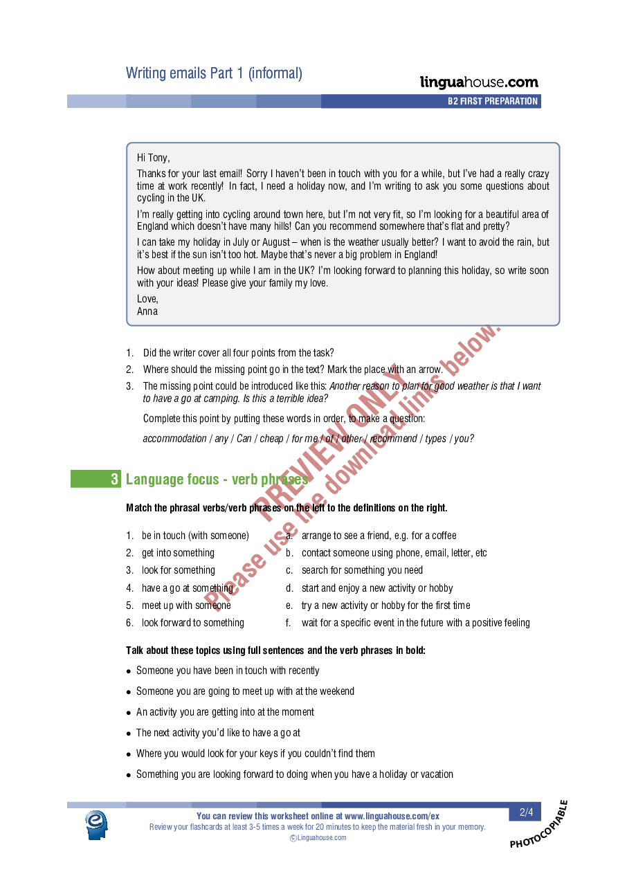 Writing emails Part 1 (informal): Worksheet Preview - Linguahouse.com
