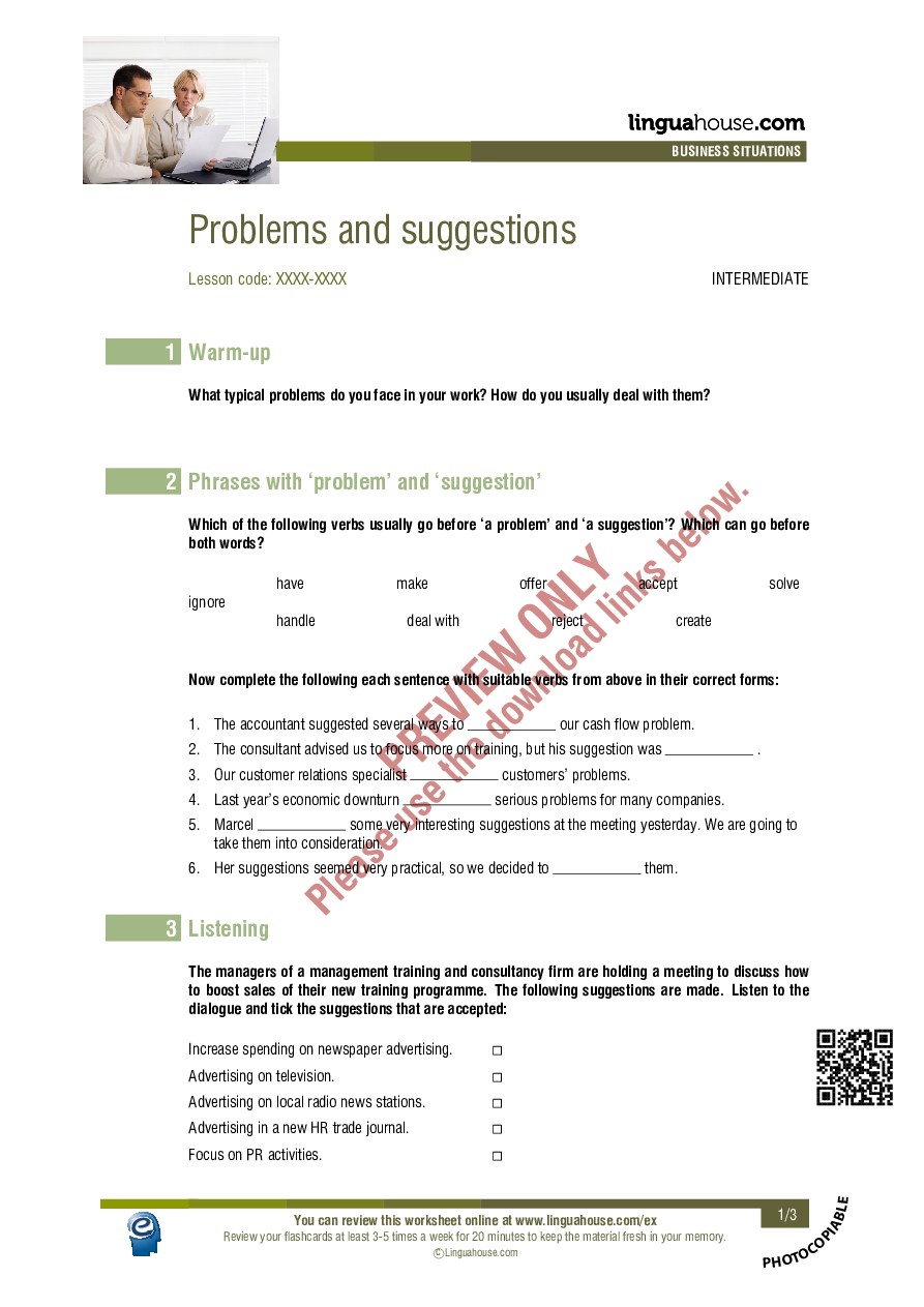 Problems and suggestions: Worksheet Preview - Linguahouse.com